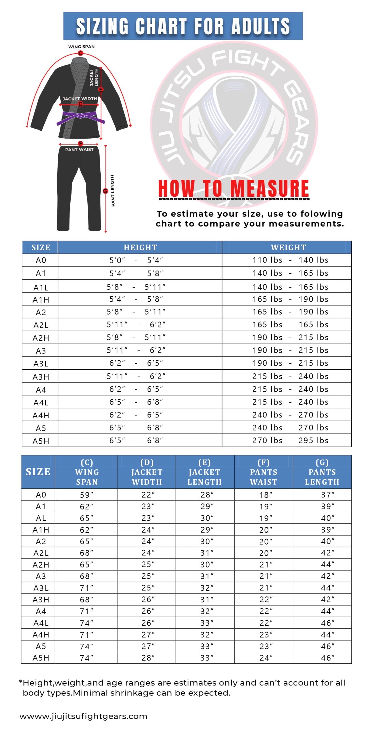 Size Chart - Jiu Jitsu Fight Gears